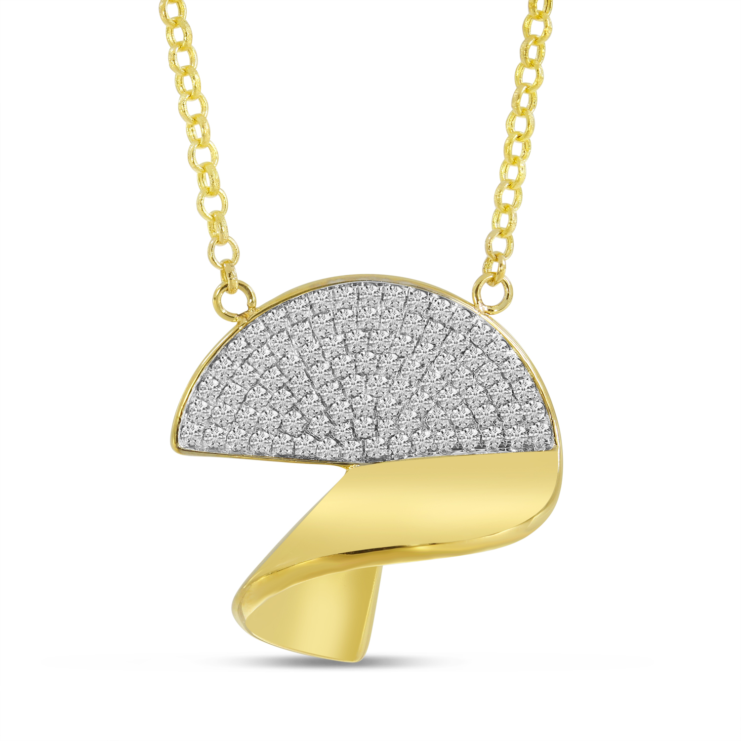 Colormerchants - 14K Yellow Gold Half Diamond Pave Disc Necklace