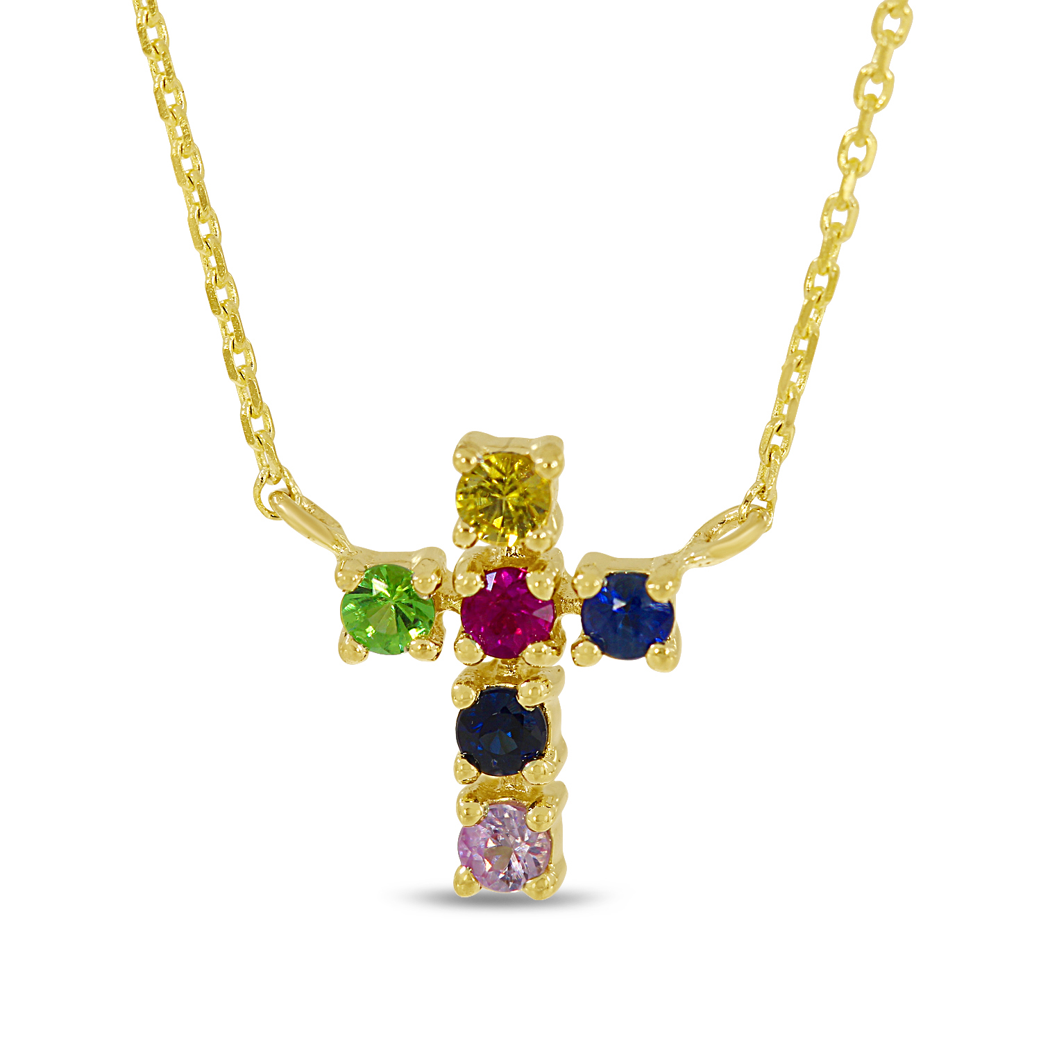 Colormerchants - 14k Yellow Gold Rainbow Sapphire Cross Necklace