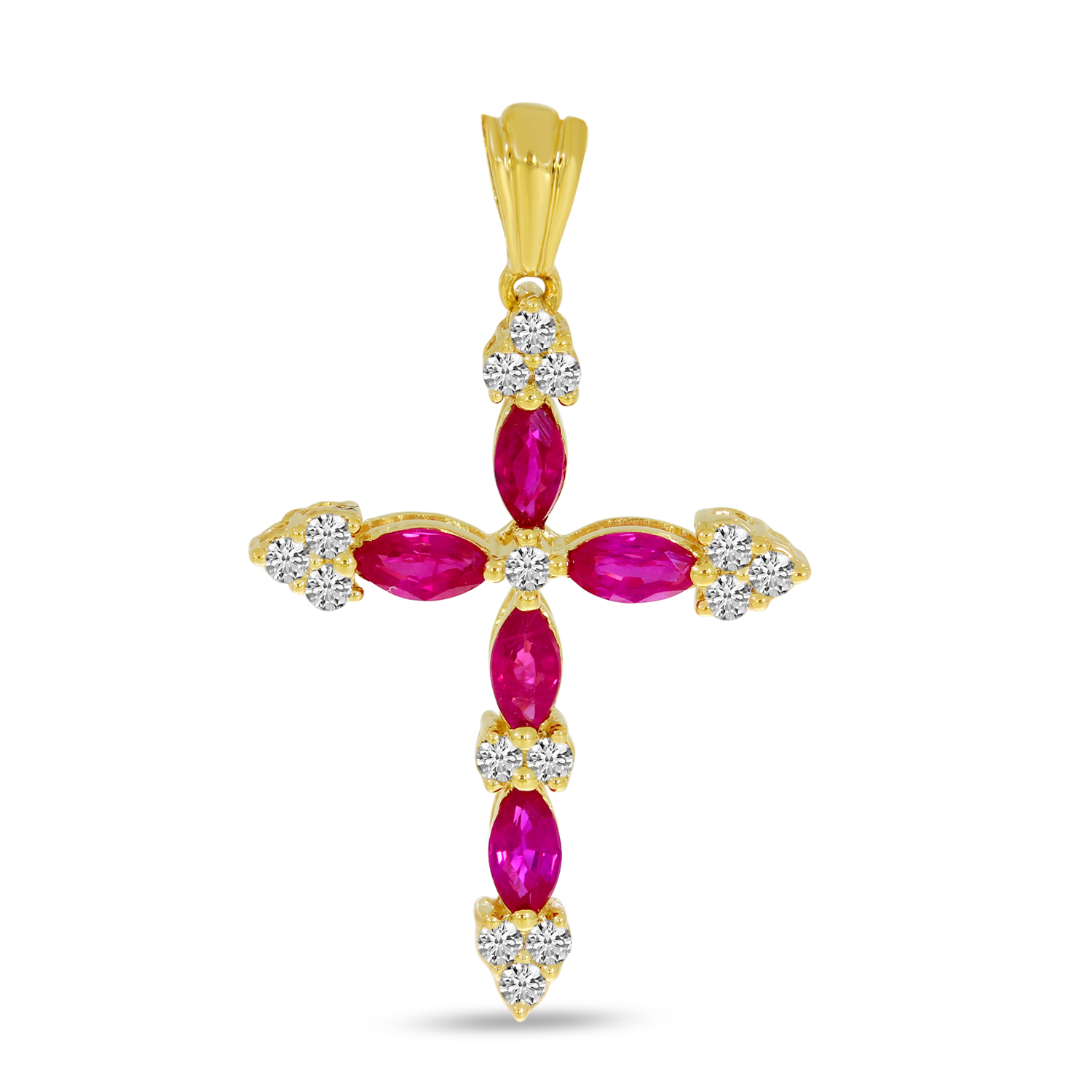 Colormerchants - 14K Yellow Gold Marquis Ruby & Diamond Cross Pendant